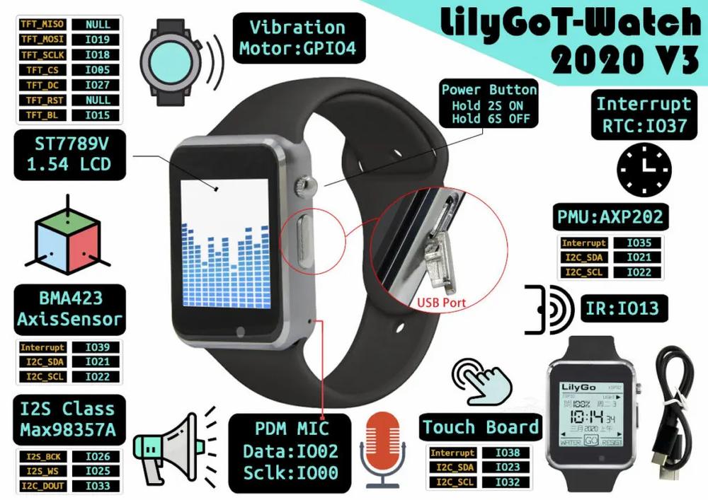 TTGO Programable T-Watch-2020 - ESP32 - Negro - V3 - Opencircuit