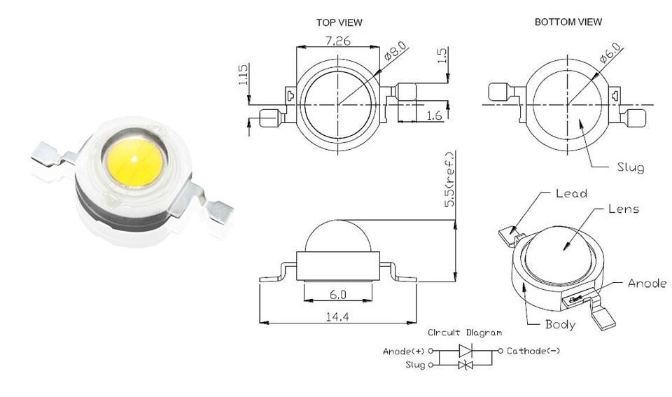 1W warm wit power led 110° - 10pcs - Opencircuit